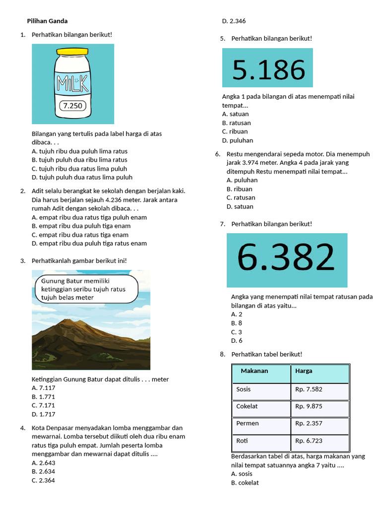 SOAL MID 1 MTK KLS 4 | PDF