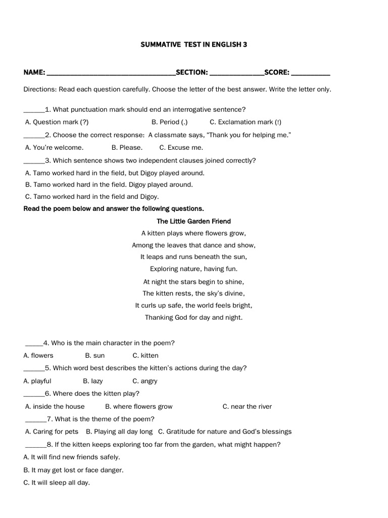 Summative Test in English 3 | PDF | Adjective | Sentence (Linguistics)