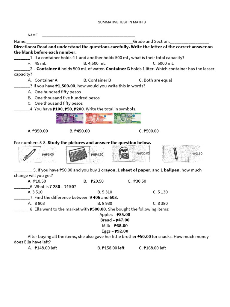 Math 3 Summative Test Questions | PDF | Weighing Scale | Litre