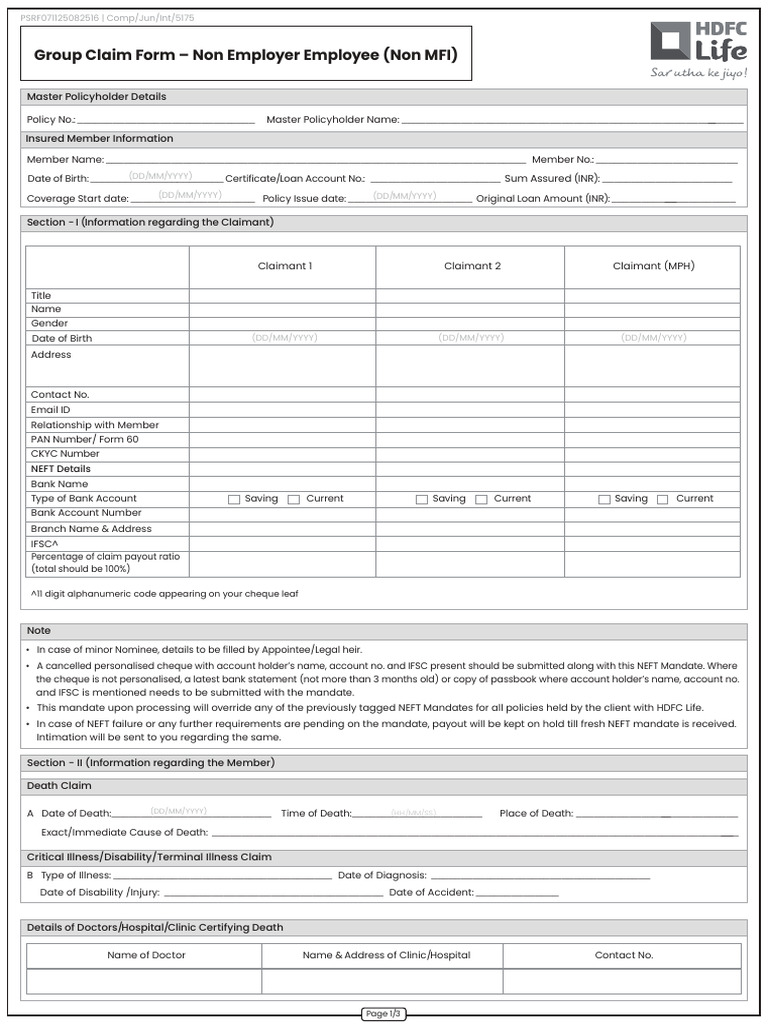 Group Claim Form (Non Employer-Employee - Non MFI) | PDF | Insurance ...