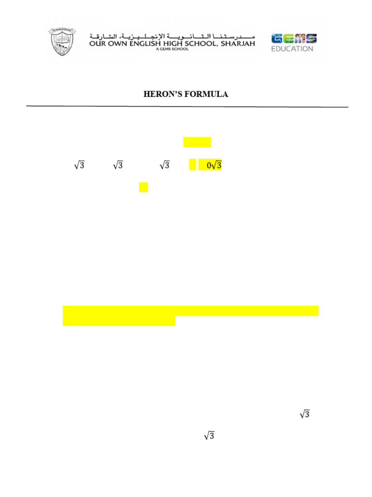 OOS 2025-26 Gr9 Herons Formula Chapter End Worksheet | PDF | Area ...