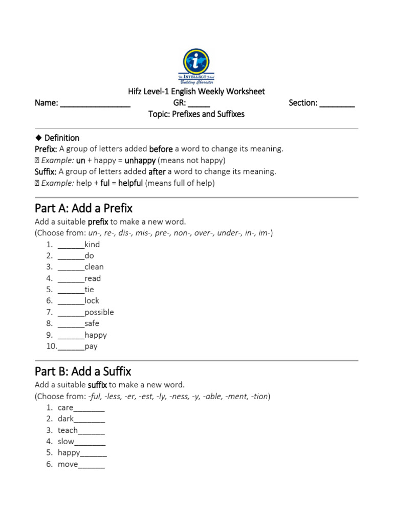 Level-1 Weekly Worksheet - Prefix Suffix | PDF