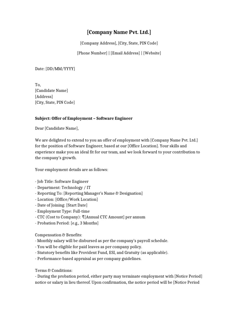 Software Engineer Offer Letter Template | PDF