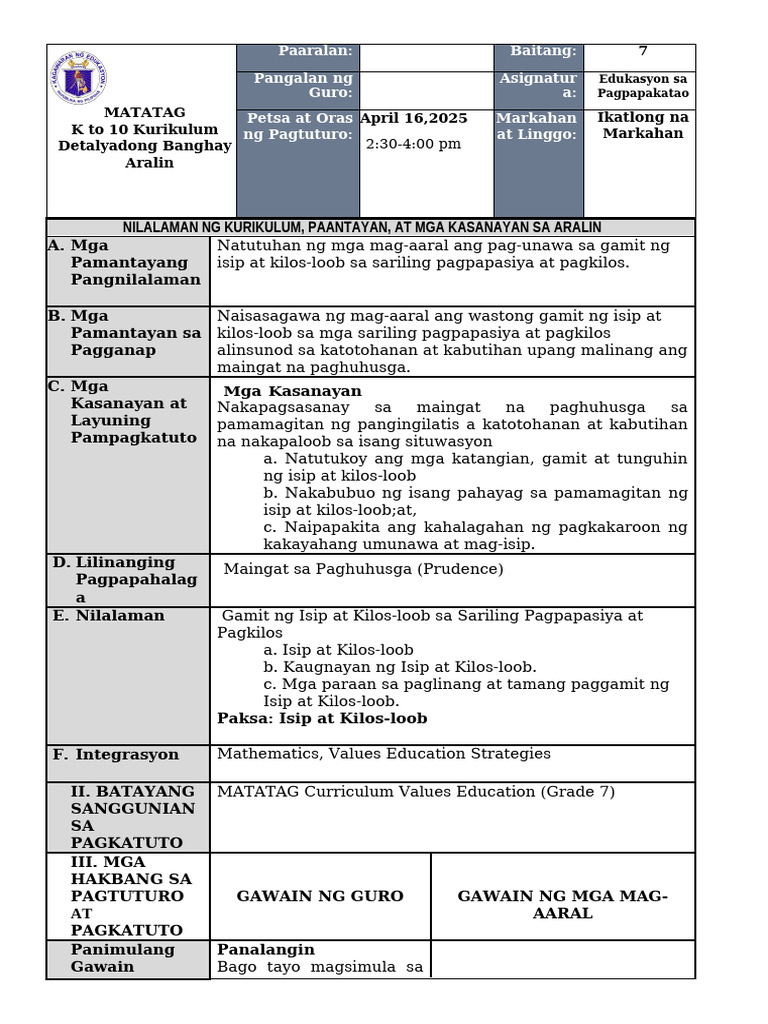 Daily Lesson Plan-Kilos Loob | PDF