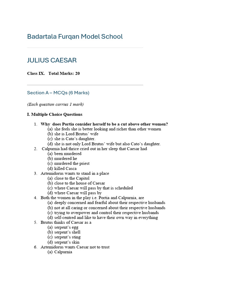 Portia and Calpurnia's Roles in Julius Caesar | PDF