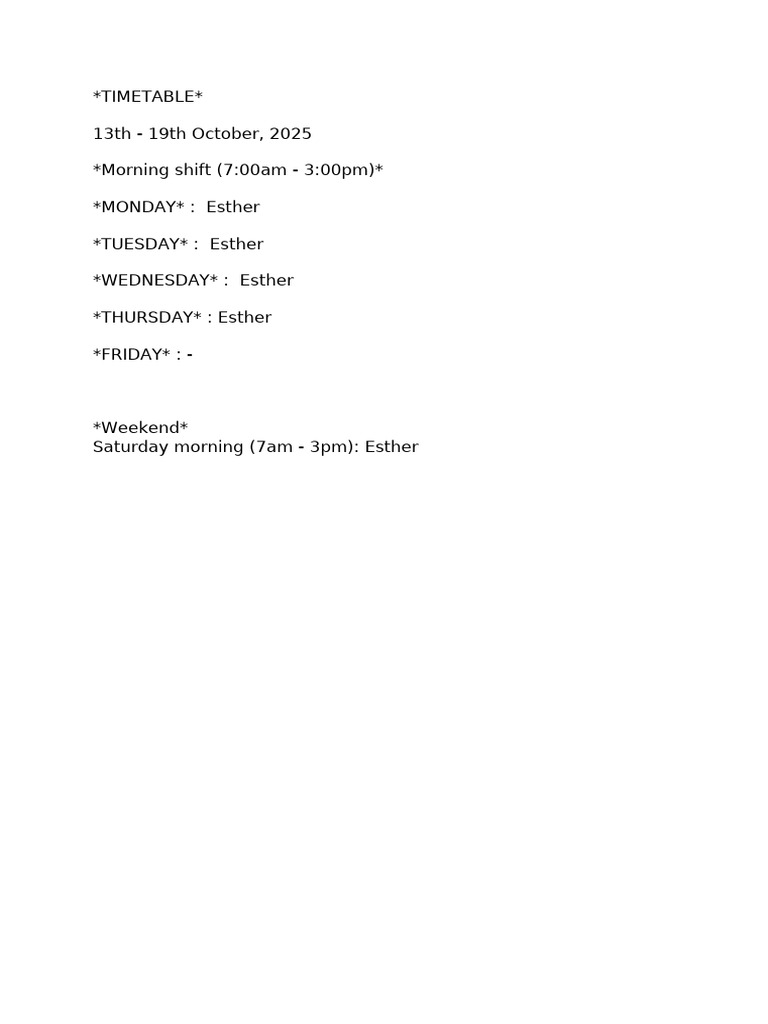 Timetable 13th - 19th October, 2025 Morning Shift (7:00am - 3:00pm ...