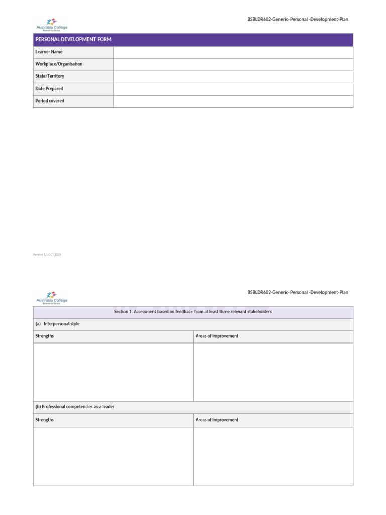 BSBLDR602 Generic Personal Development Plan v1.1 | PDF