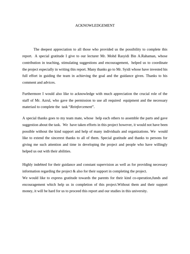 ACKNOWLEDGEMENT To Complete The Task "Reinforcement". | PDF