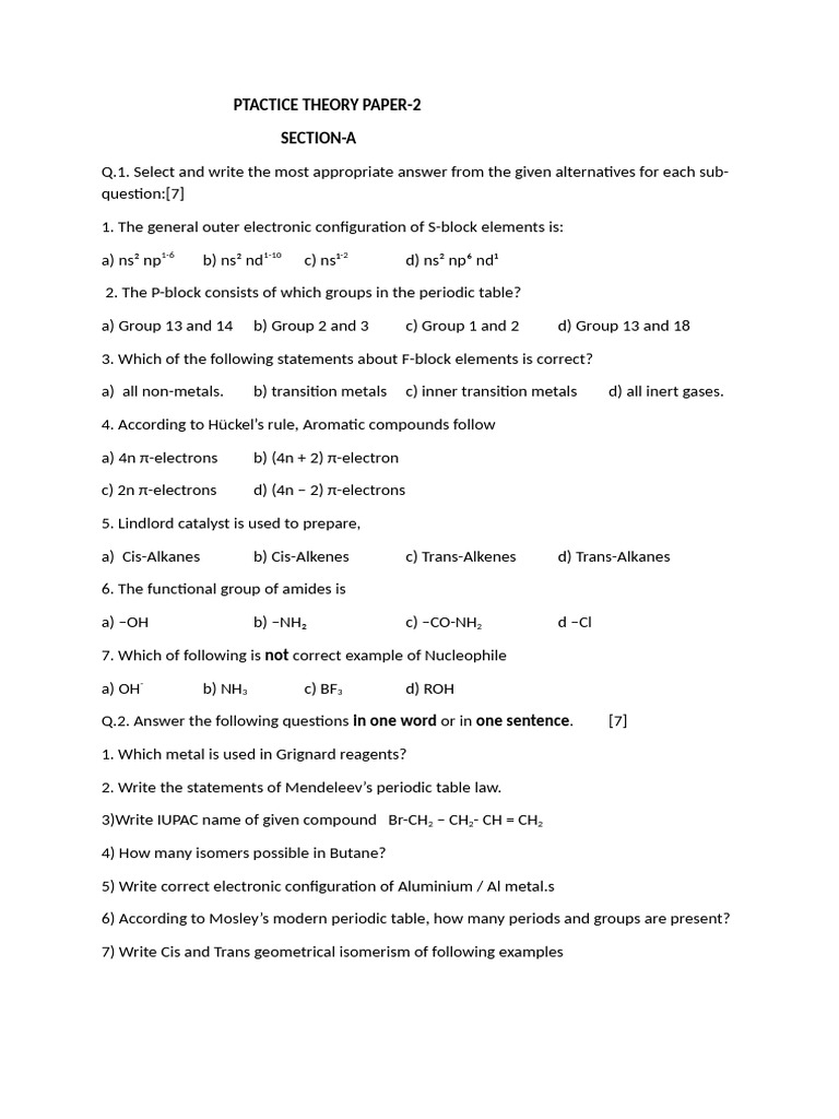 Practice Theory Paper-2 | PDF | Periodic Table | Transition Metals