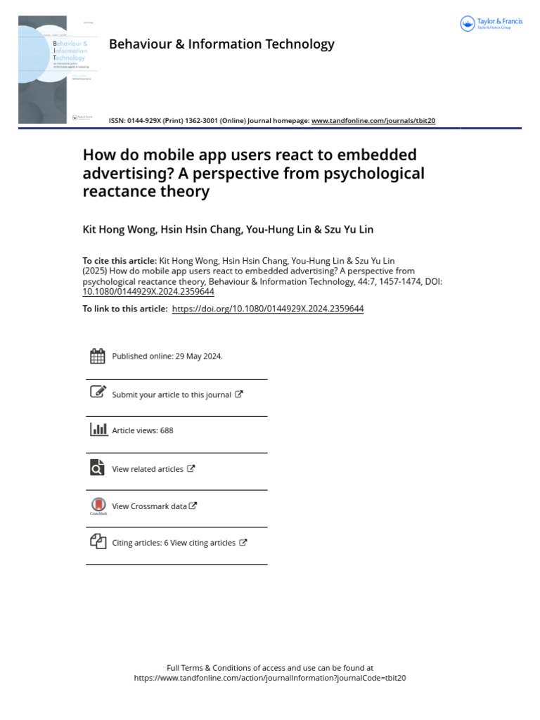 How Do Mobile App Users React to Embedded Advertising a Perspective From Psychological Reactance ...