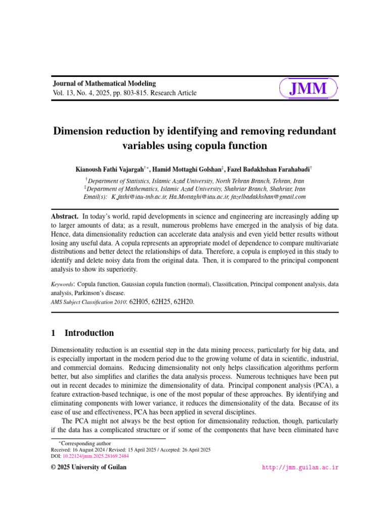 JMM Volume 13 Issue 4 Pages 803-815 | PDF | Principal Component Analysis | Eigenvalues And ...