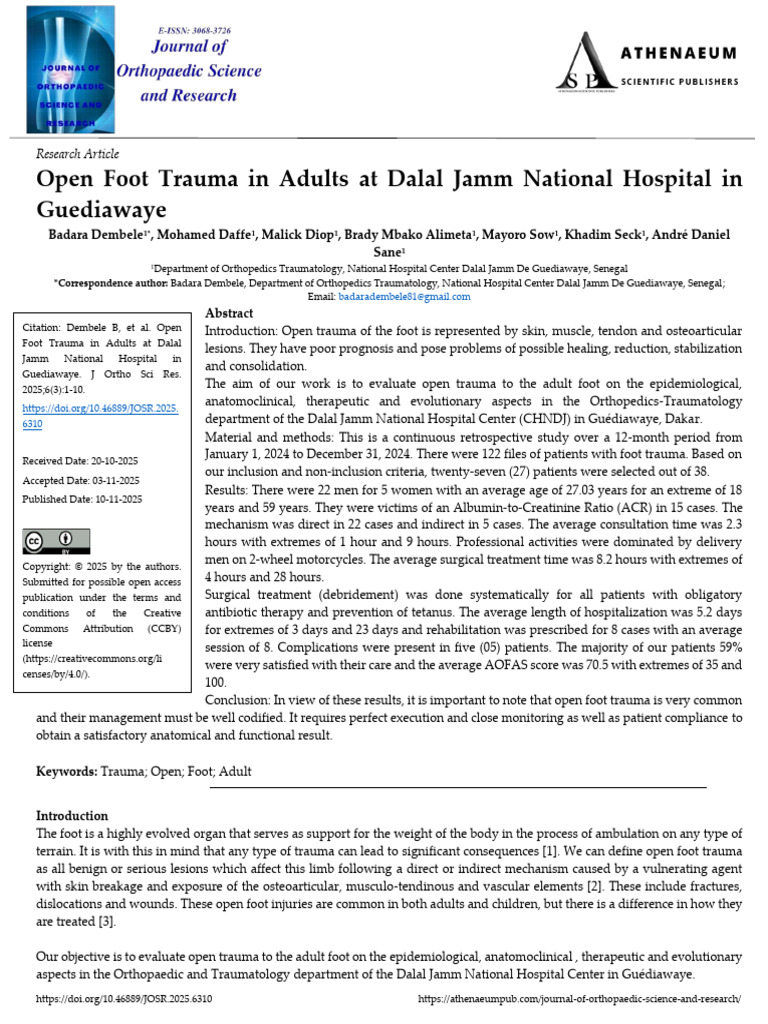 Open Foot Trauma in Adults at Dalal Jamm National Hospital in ...