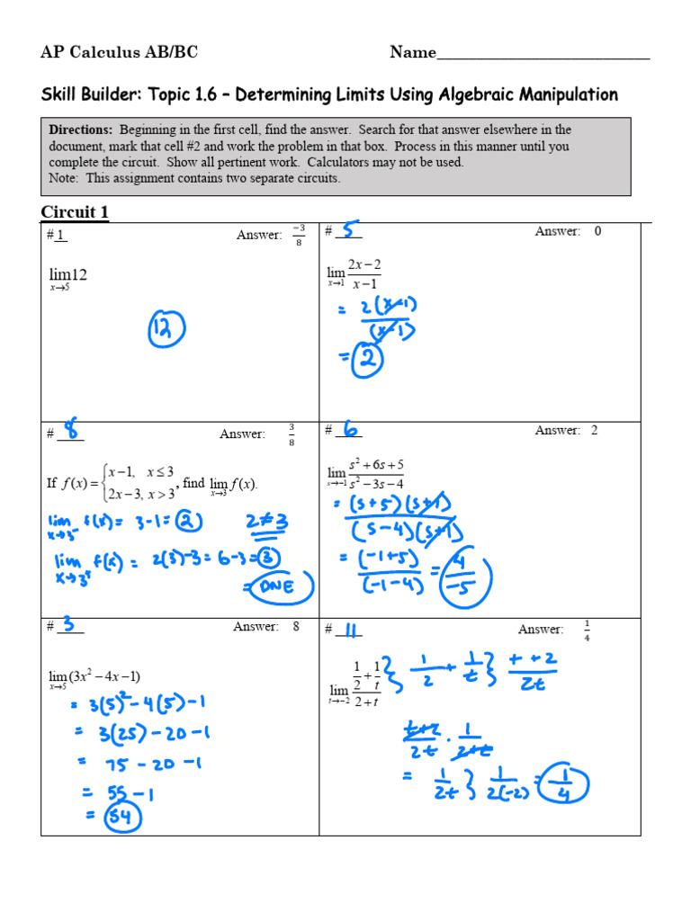 AP Calculus Limits Skill Builder | PDF | Calculus | Advanced Placement