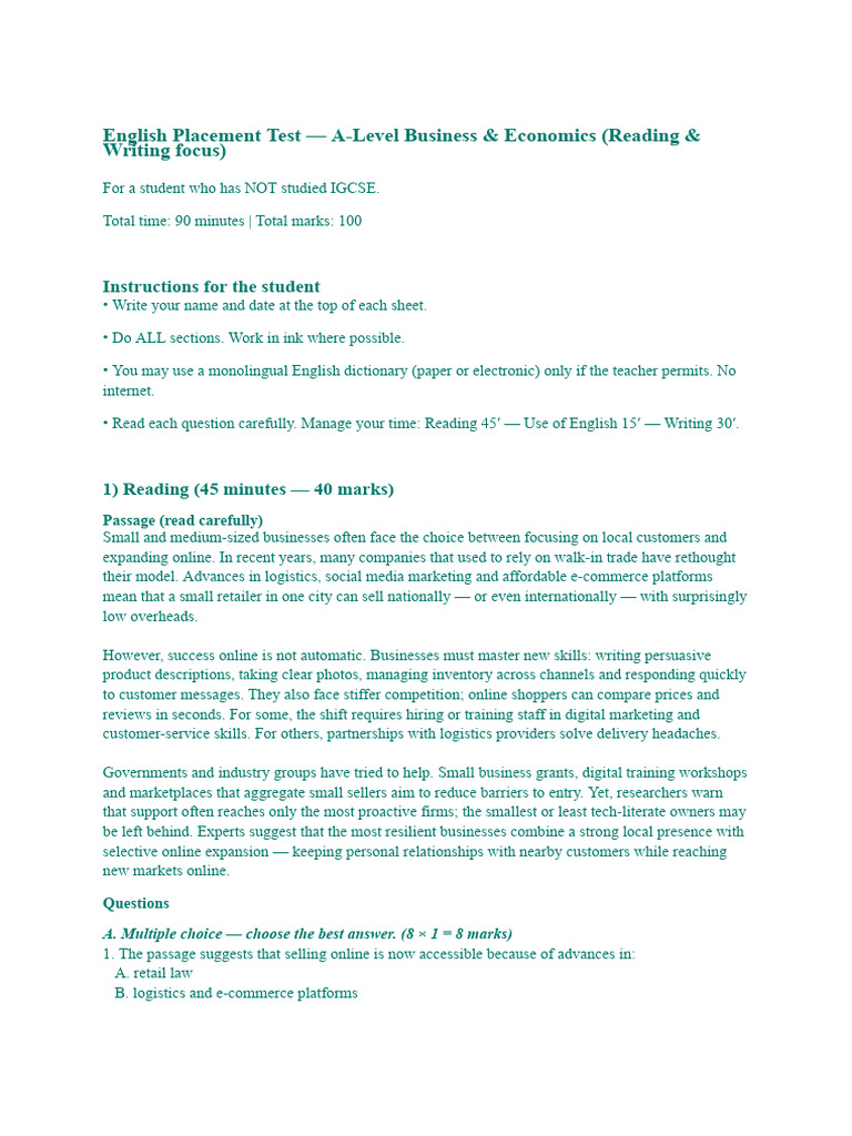 English Placement Test - A Level Business & Economics (Reading ...