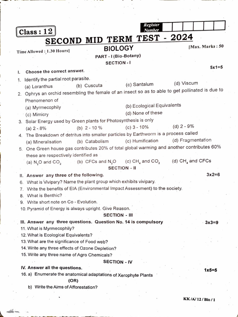 12th Biology Second Midterm 2024 | PDF | Life Sciences | Biology