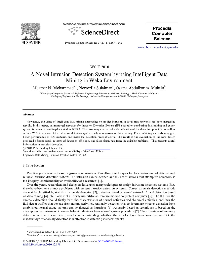 A Novel Intrusion Detection System by Using Intelligent Data Mining in WEKA | PDF | Data Mining ...