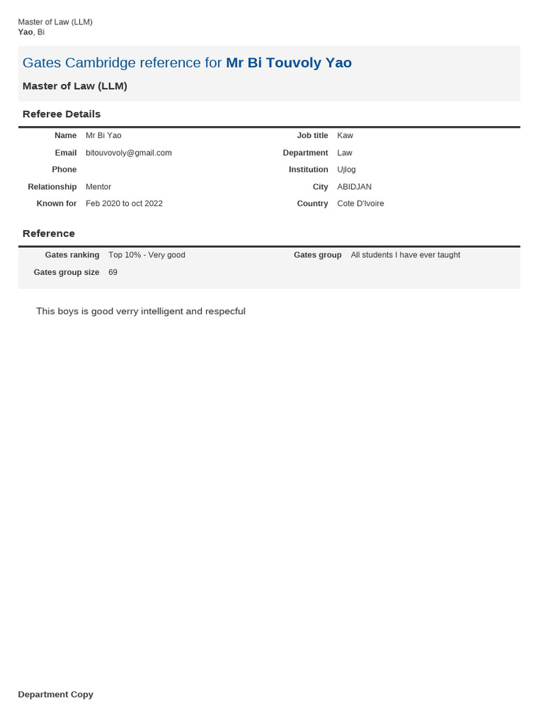 Gates Cambridge Reference For MR Bi Touvoly Yao | PDF