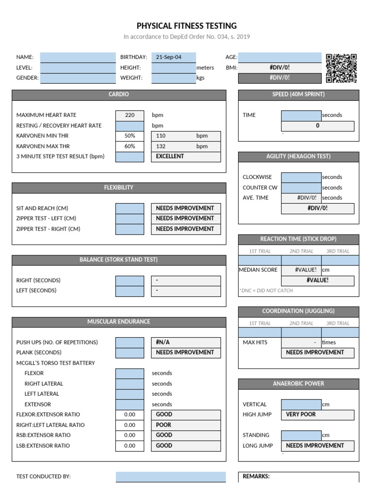 Physical Fitness Test Excel Sheets Blank | PDF | Waist | Physical Exercise