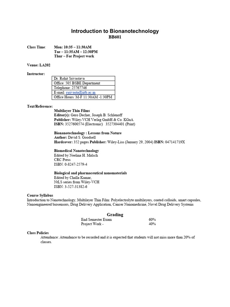 BioNanotechnology-Srivastava Fall 2025 | PDF