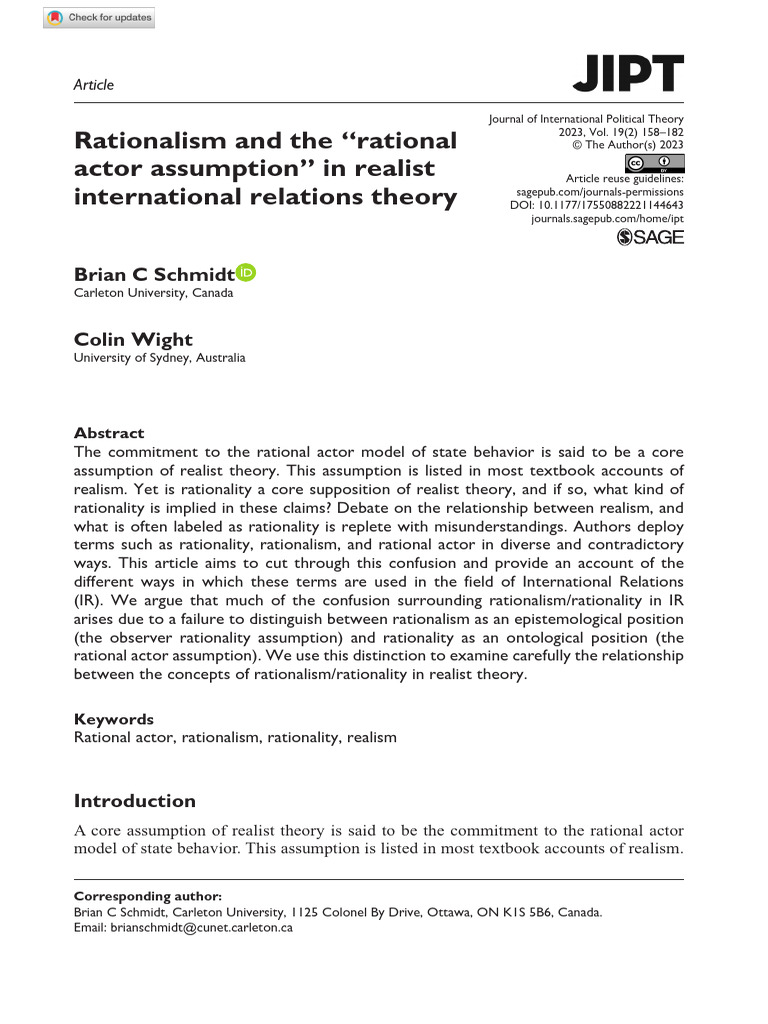 Schmidt Wight 2023 Rationalism and The Rational Actor Assumption in ...