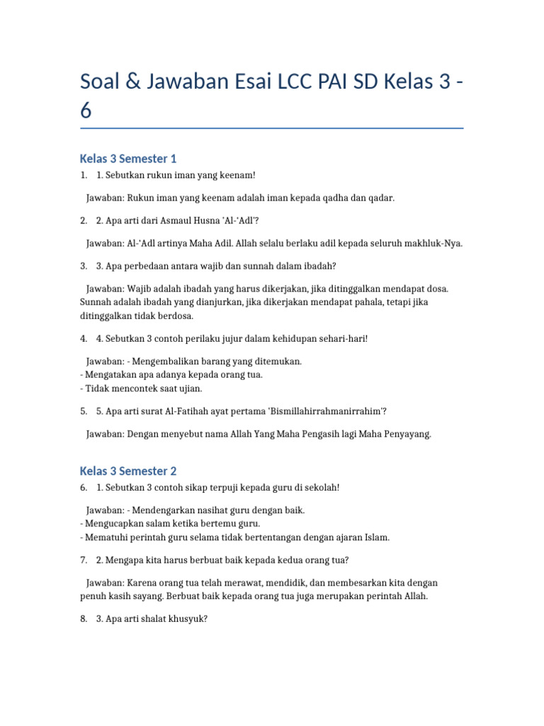 Soal Jawaban LCC PAI SD Kelas 3-6 | PDF
