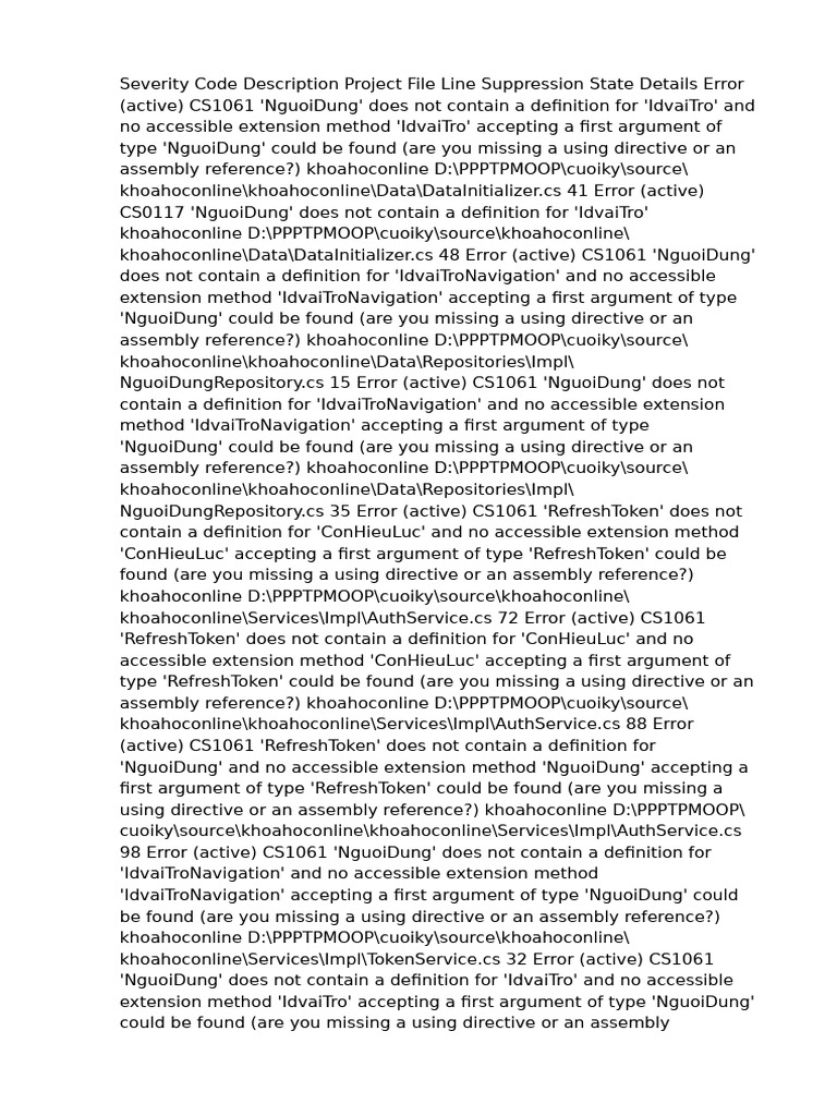 Severity Code Description Project File Line Suppression State Details ...