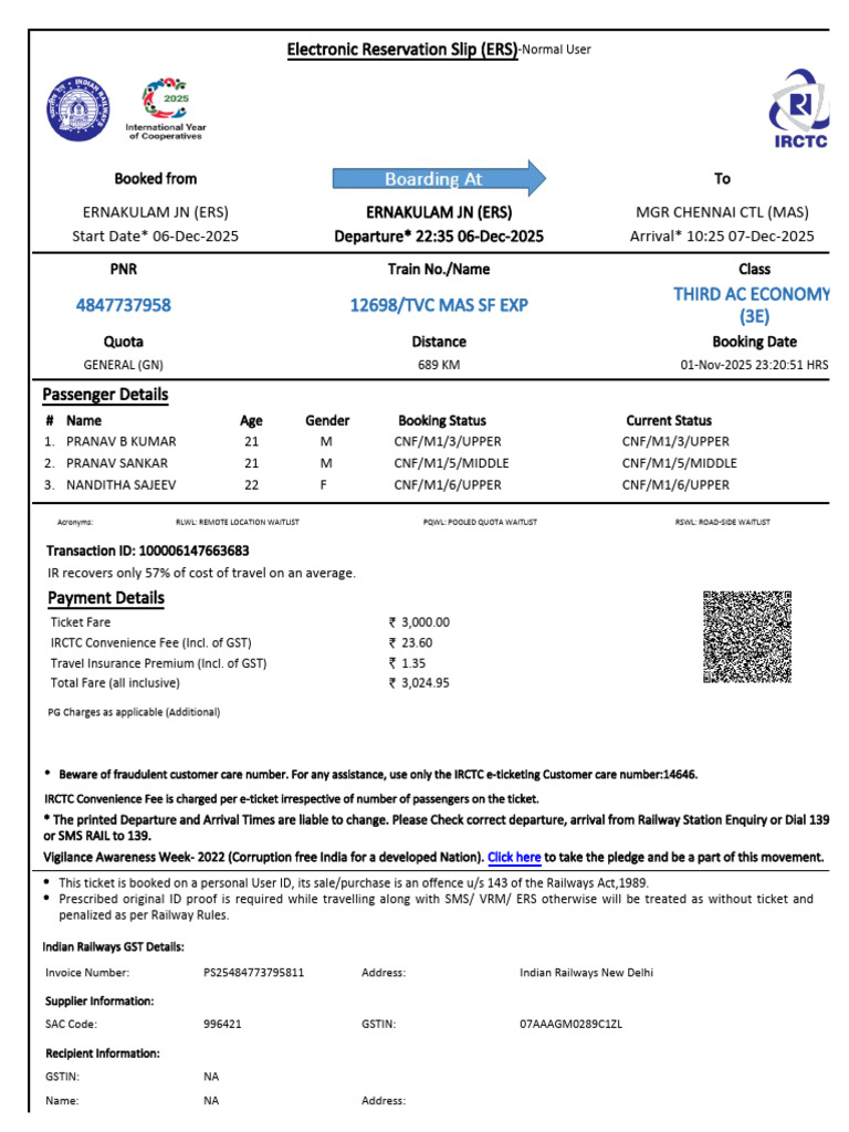 12698/Tvc Mas SF Exp Third Ac Economy (3E) | PDF | Identity Document ...