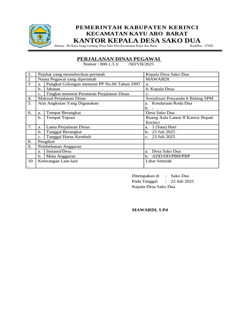 SPPD Kades 2025 Sosialisasi Posyandu 6 Bidang SPM | PDF