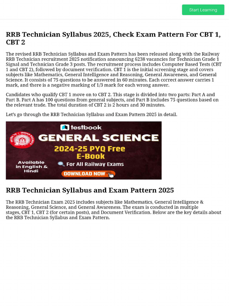 RRB Technician Syllabus 2025, Check Exam Pattern For CBT 1, CBT 2 | PDF
