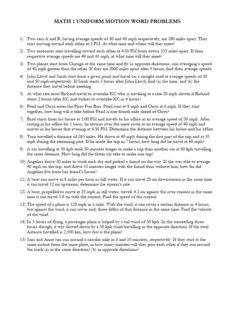 Word Problems (Uniform Motion) | PDF | Speed | Motion (Physics)