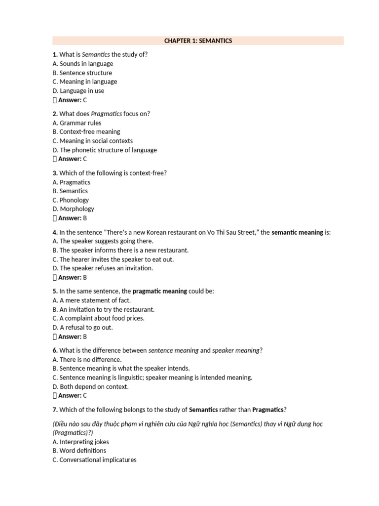 Semantics TRẮC NGHIỆM | PDF | Semantics | Word