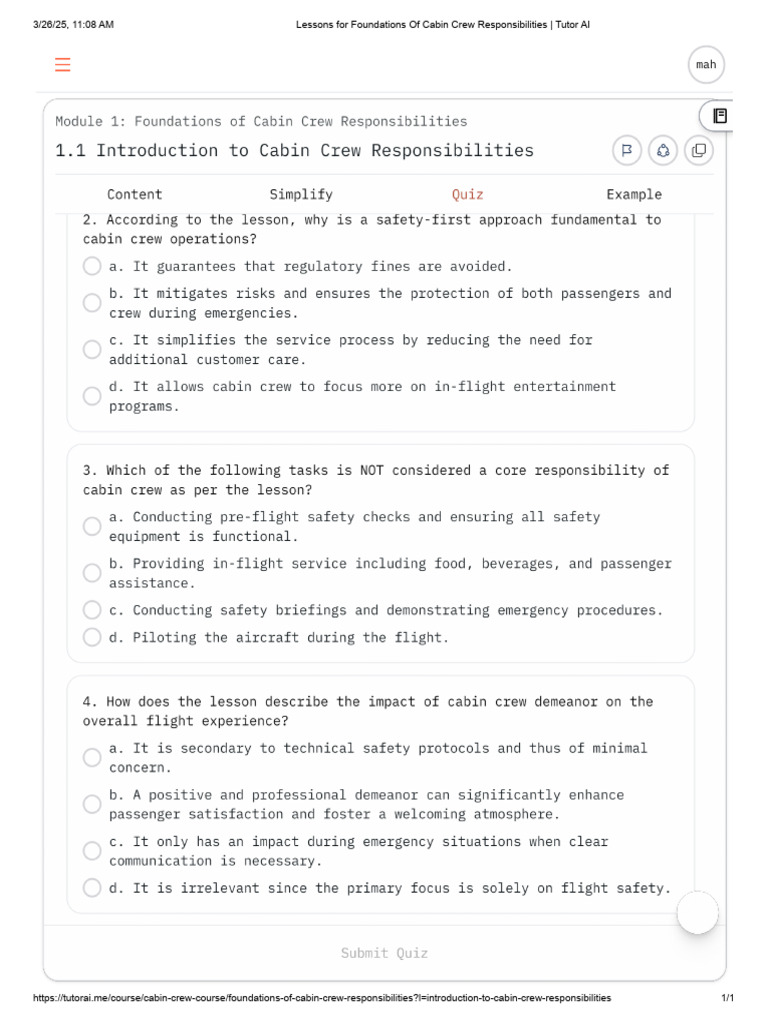 Lessons For Foundations of Cabin Crew Responsibilities - Tutor AI 2 | PDF