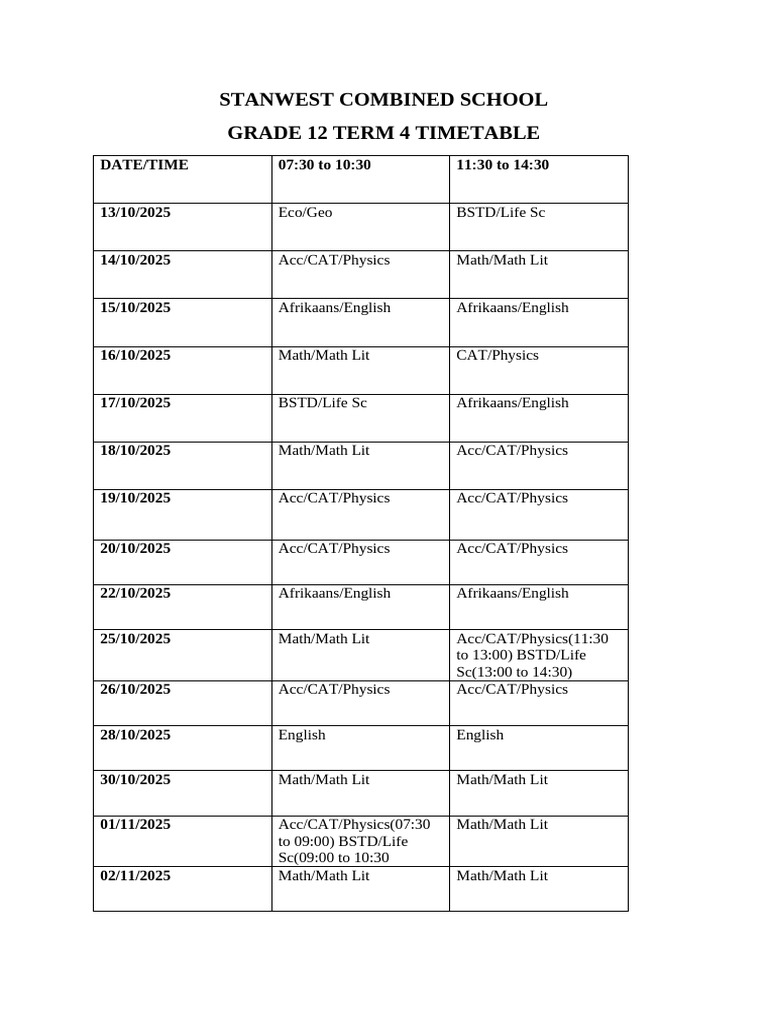 Grade 12 Term 4 Timetable 2025 | PDF