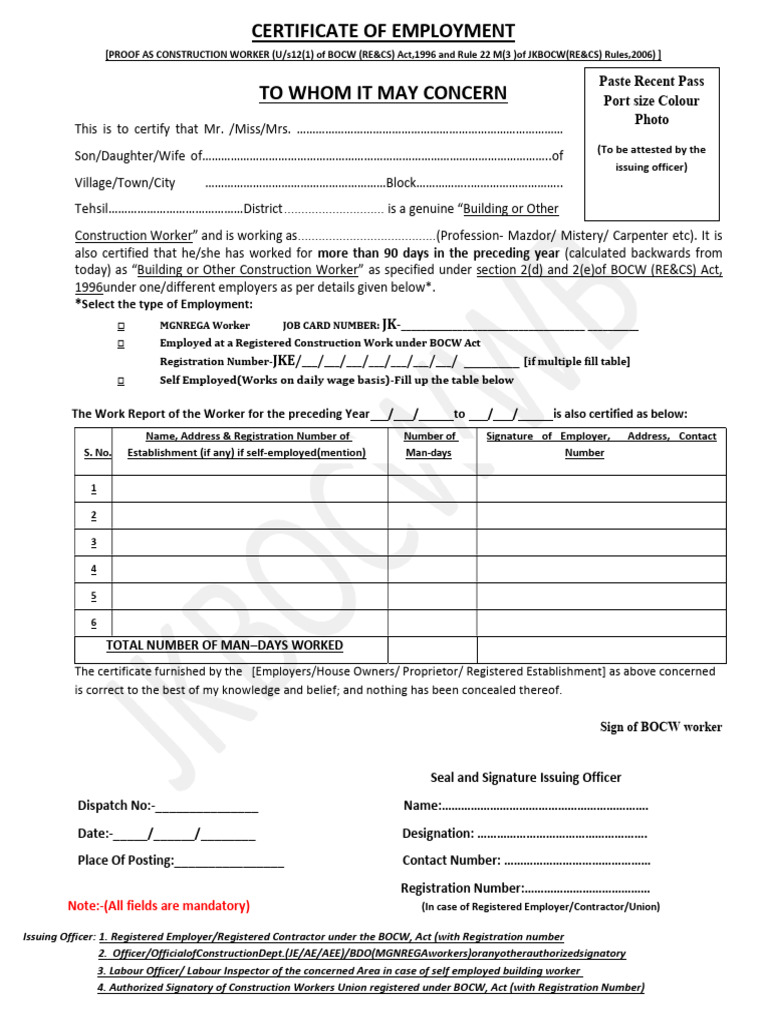 BOCW Employment Certificate Template | PDF | Labor | Employment