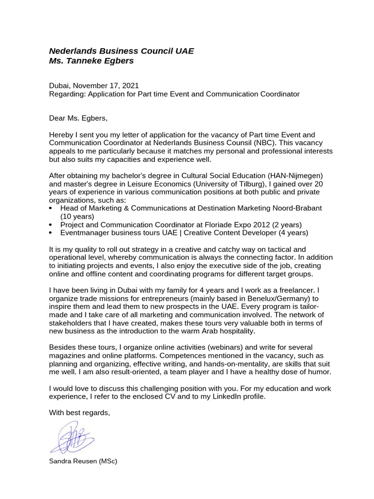 Application Letter Sandra Reusen NBC | PDF