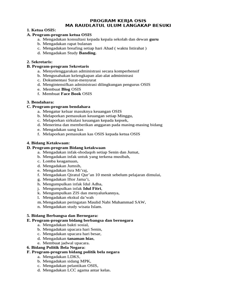 Program Kerja OSIS MA Raudlatul Ulum | PDF