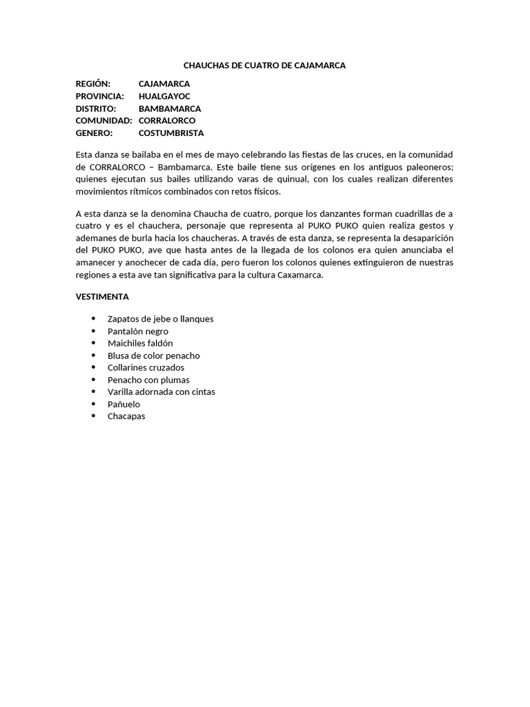 Reseña Chauchas de Cuatro de Cajamarca | PDF