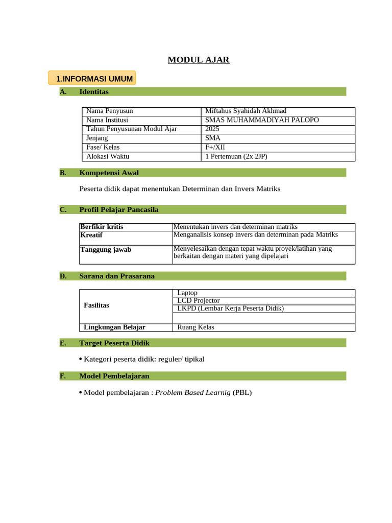 Modul Ajar Materi Matrix Determinan Miftah | PDF