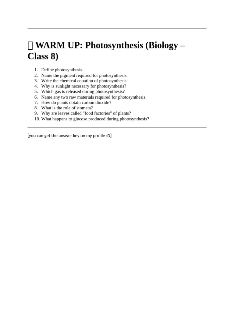 Warm Up Questions Photosynthesis | PDF