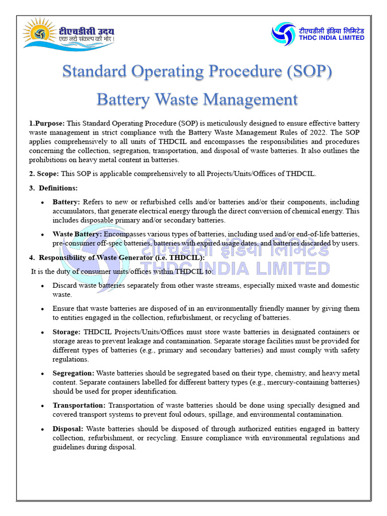 Battery Waste Management SOP 2022 | PDF | Waste | Waste Management