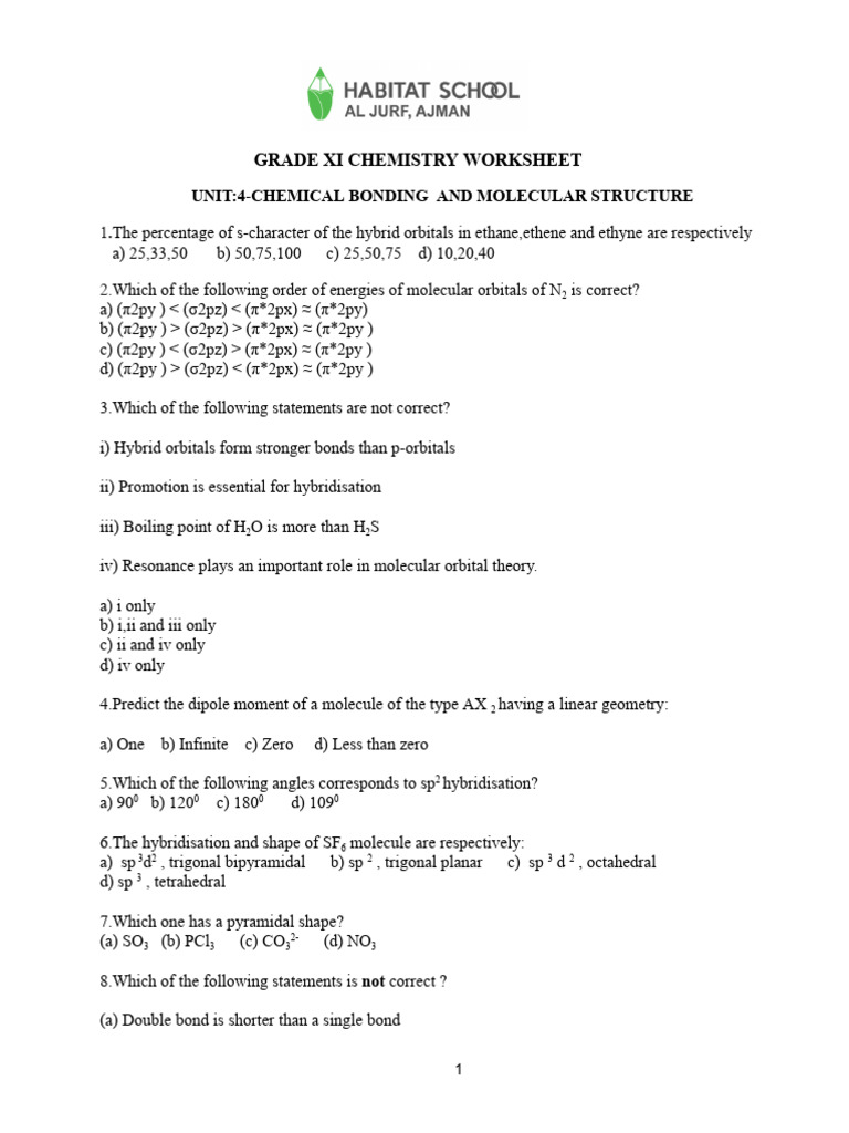Grade XI Chemistry: Chemical Bonding Worksheet | PDF | Physical ...