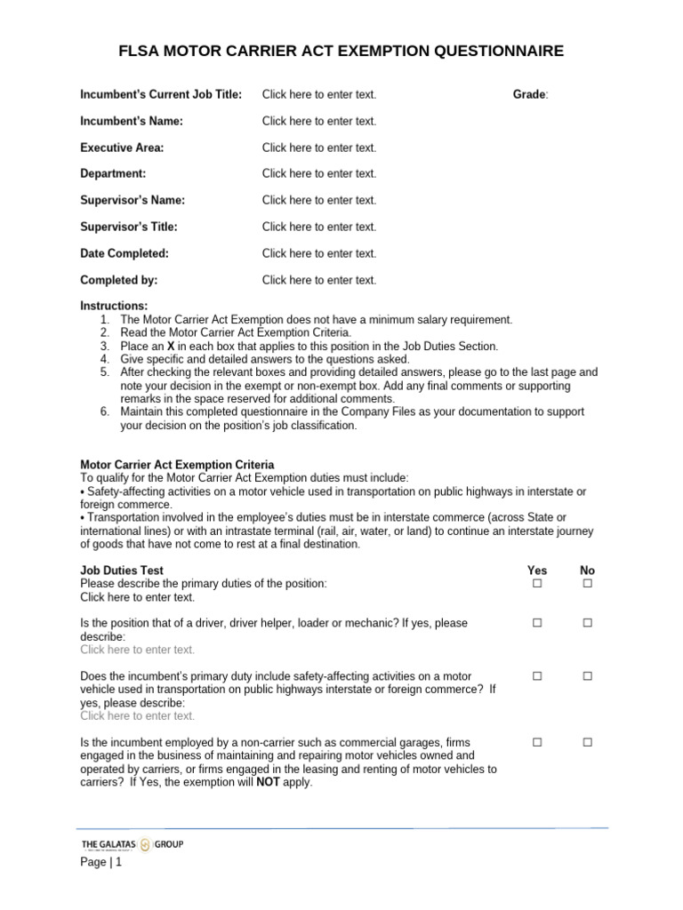FLSA Motor Carrier Act Exemption Questionnaire 2020 | PDF