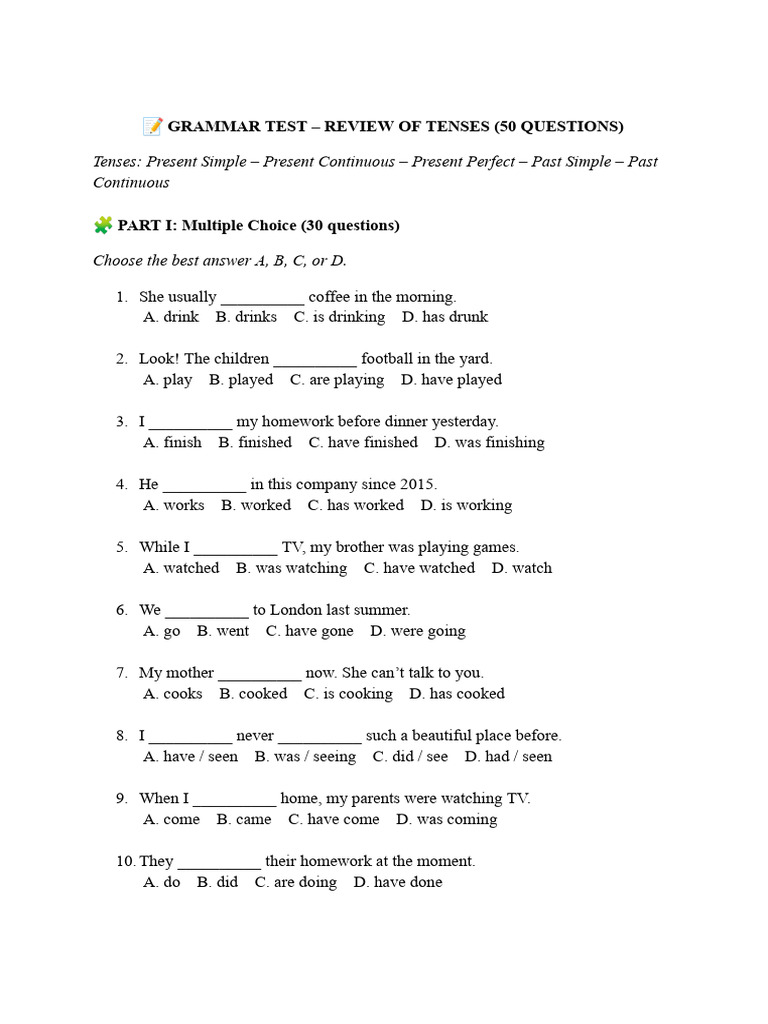 Grammar Test: Tenses Review (50 Qs) | PDF | Linguistics | Grammar