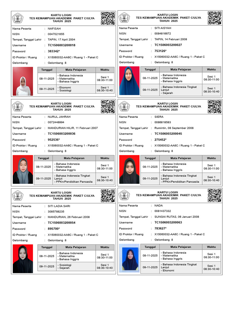 Kartu Login Tes Kemampuan Akademik 2025 | PDF