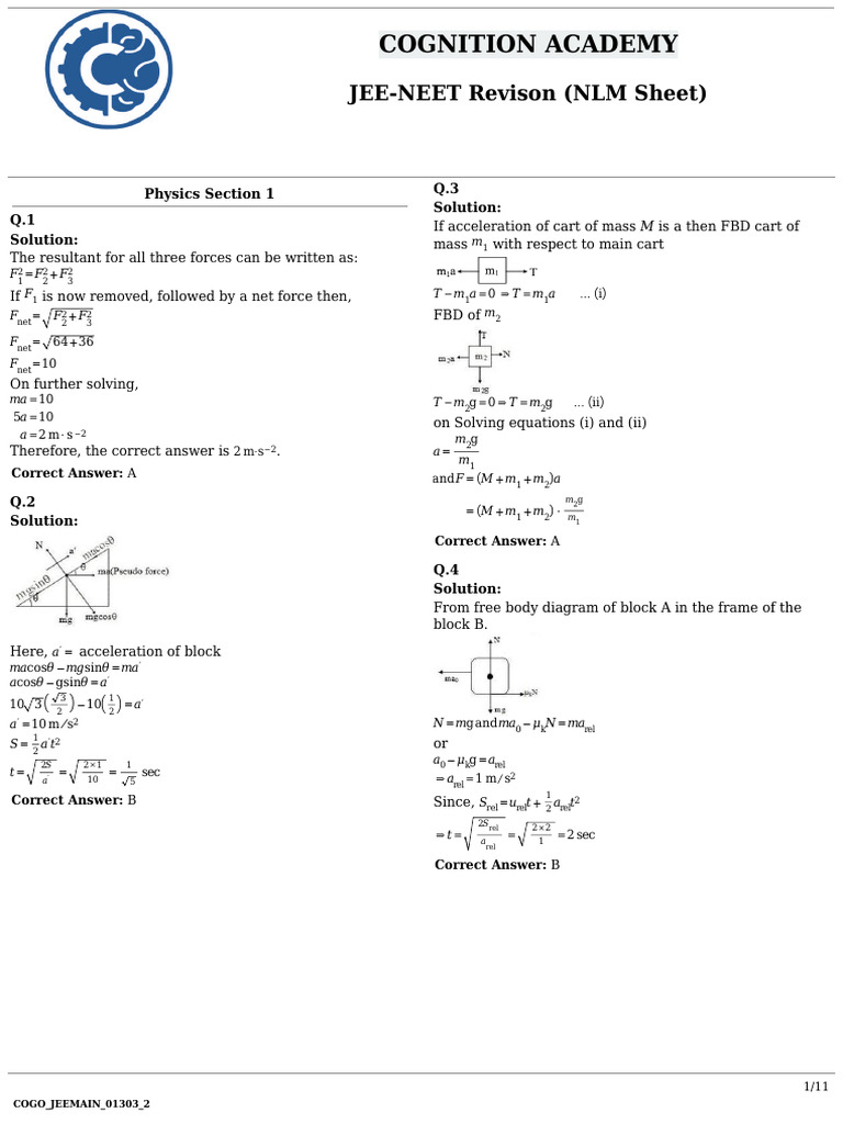 JEE-NEET Physics Revision Solutions | PDF | Applied And ...