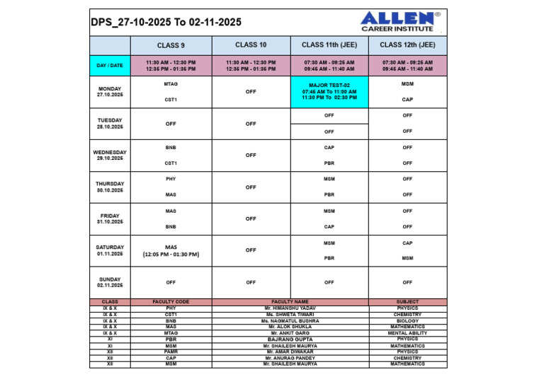 Class Schedule: DPS 27 Oct - 2 Nov 2025 | PDF
