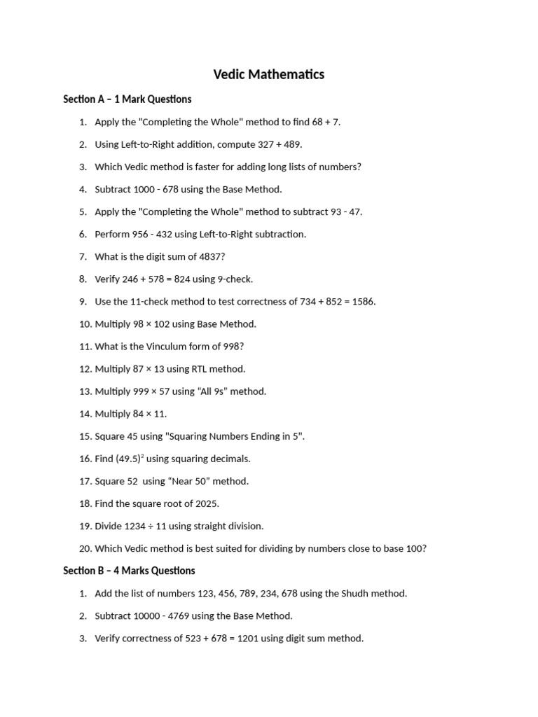 Assignment - Vedic Mathematics Questions | PDF | Multiplication ...