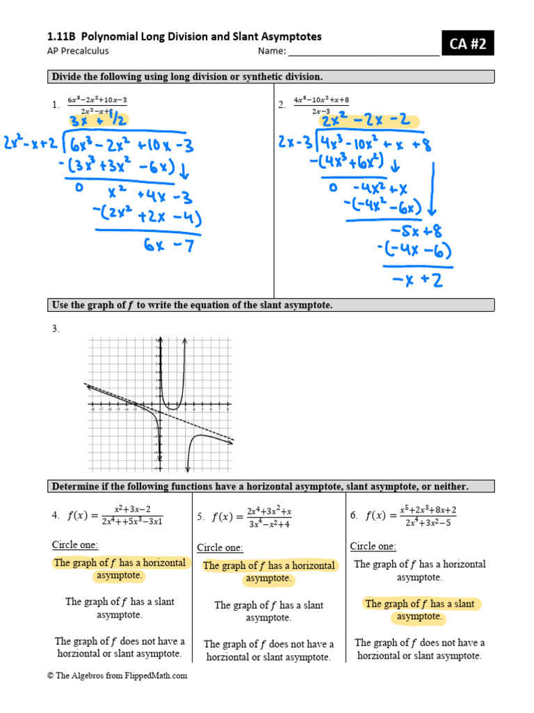 1.11 - (B) Polynomial Long Division and Slant Asymptotes CA 2 | PDF