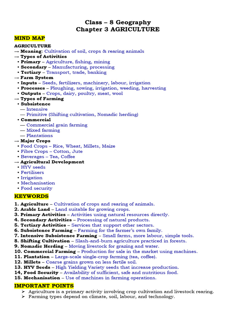Agriculture Overview for Class 8 Geography | PDF | Agriculture | Farms