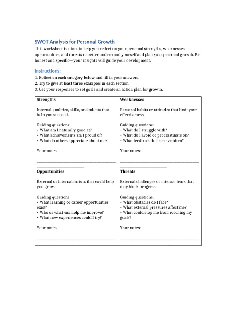 Oct 23 SWOT Analysis For Personal Growth Worksheet | PDF | Swot ...